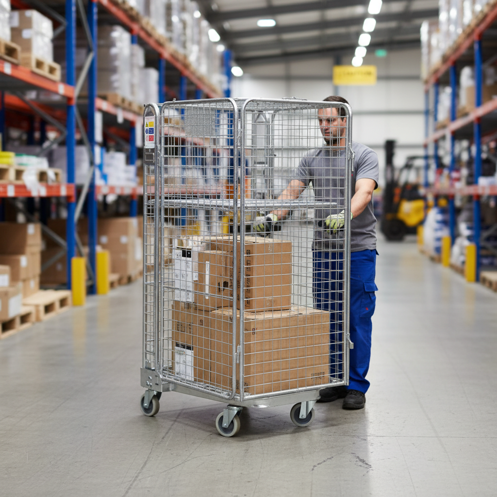 Premium Full Security Roll Cage Pallet with Mesh Infill and Hinged Gat